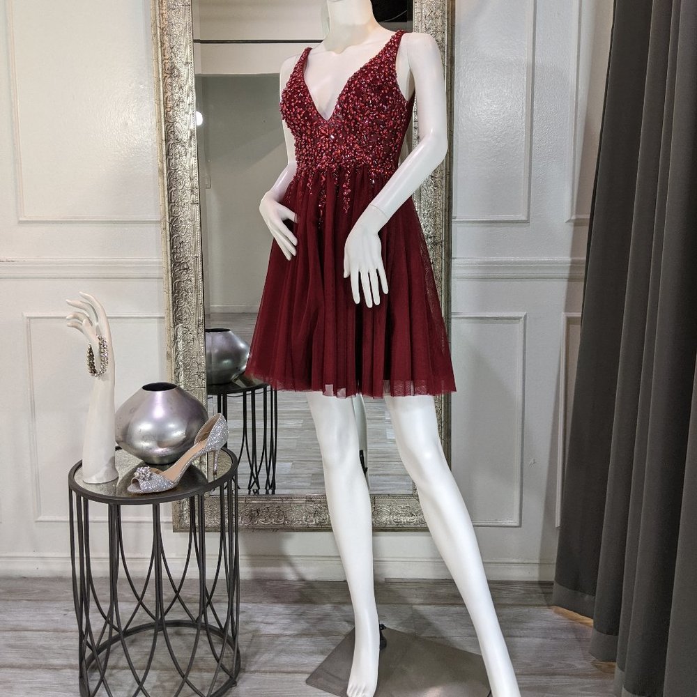 Burgundy Maroon Short Cocktail Homecoming Formal Dress - Gem